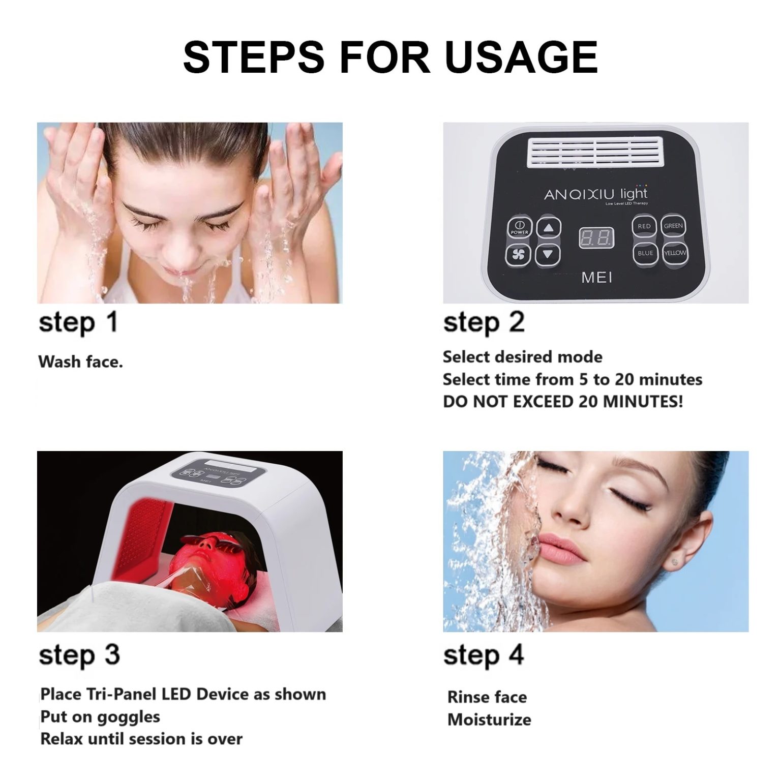 7 Color Tri-Panel LED Face Light Therapy Anti-Aging Anti-Acne Sunspot ...