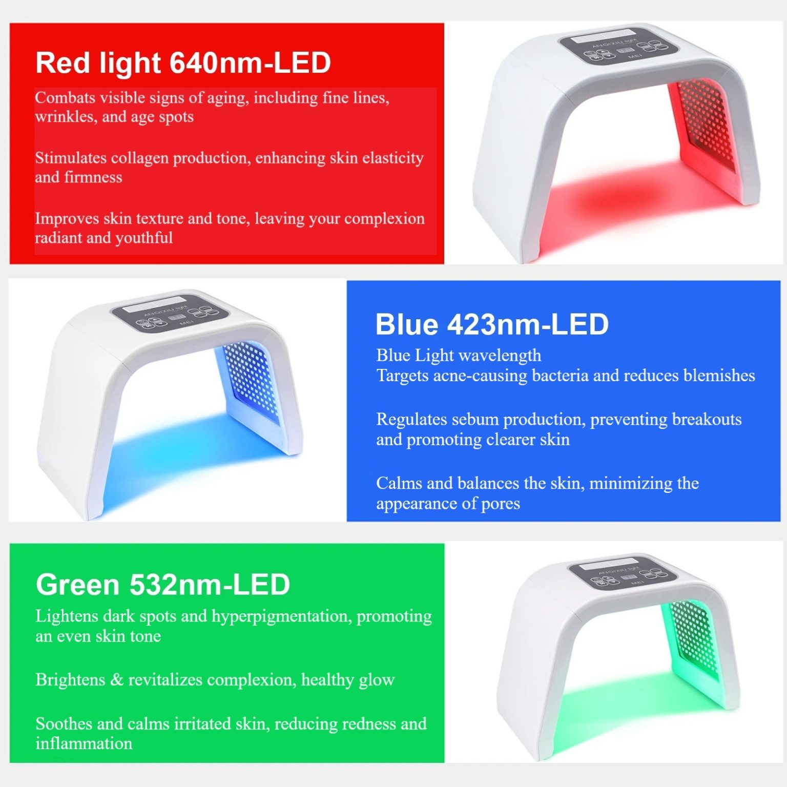 7 Color Tri-Panel LED Face Light Therapy Anti-Aging Anti-Acne Sunspot ...